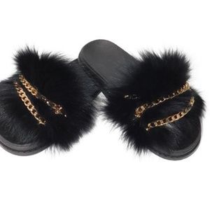 Shoes | Fox Fur Slides With Gold Chains Nwot | Poshmark